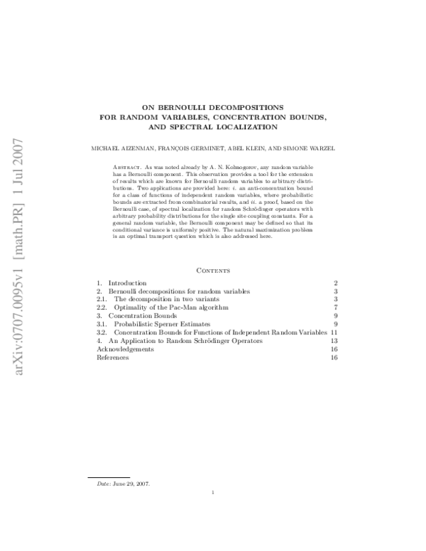 (PDF) On Bernoulli decompositions for random variables, concentration ...