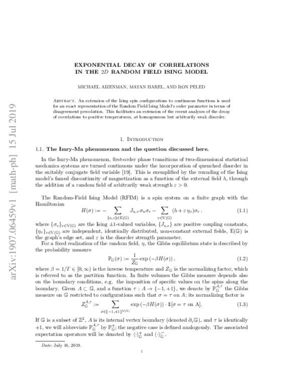 (PDF) Exponential Decay of Correlations in the 2D Random Field Ising Model