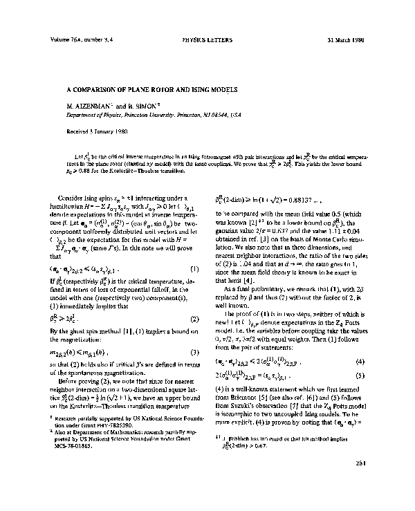 (PDF) A comparison of plane rotor and Ising models