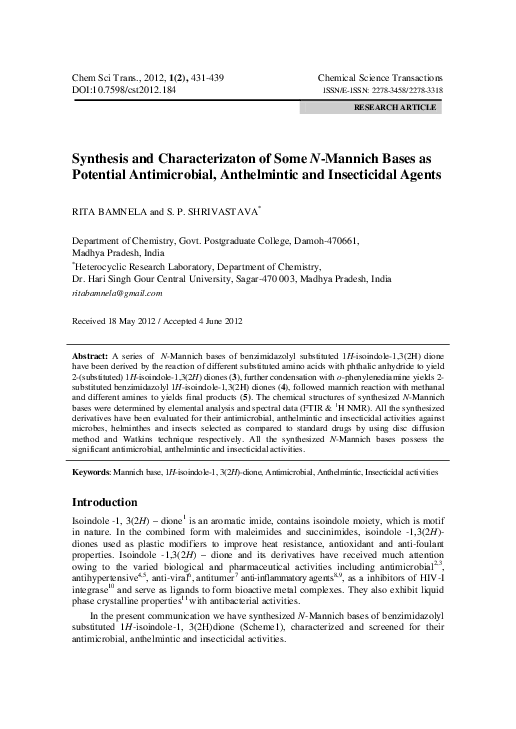 (PDF) Synthesis and Characterizaton of Some N-Mannich Bases as Potential Antimicrobial ...