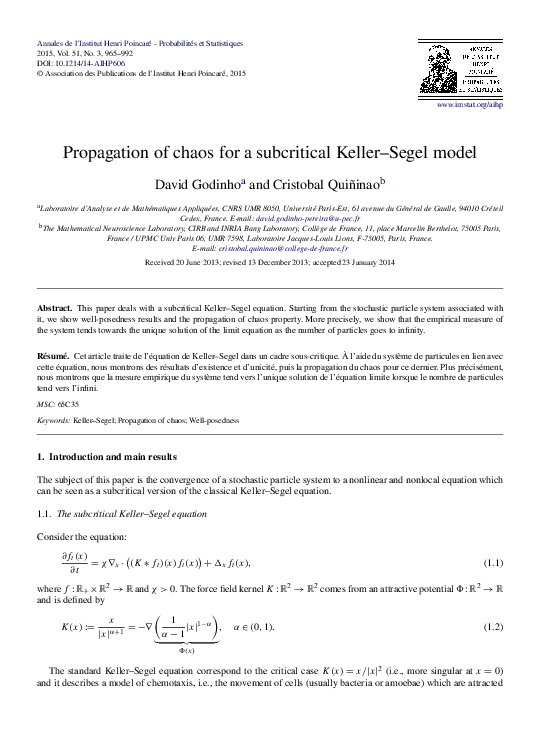 (PDF) Propagation of chaos for a subcritical Keller–Segel model