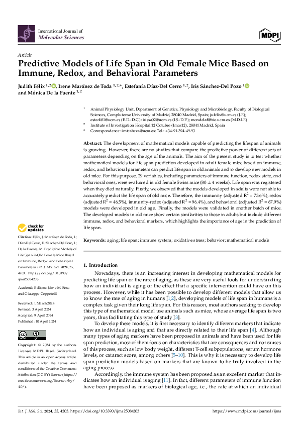 (PDF) Predictive Models of Life Span in Old Female Mice Based on Immune ...