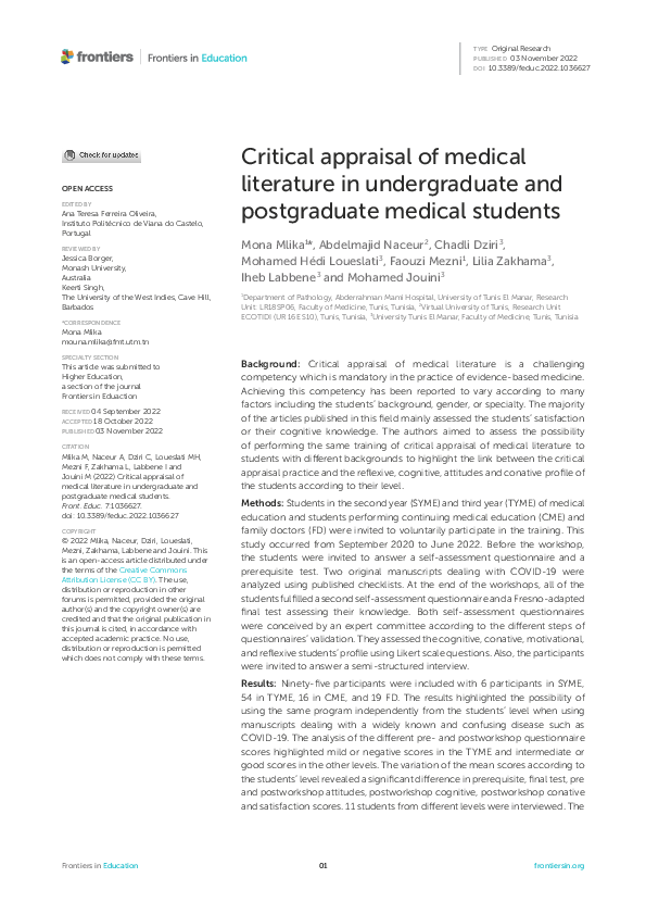(PDF) Critical appraisal of medical literature in undergraduate and ...