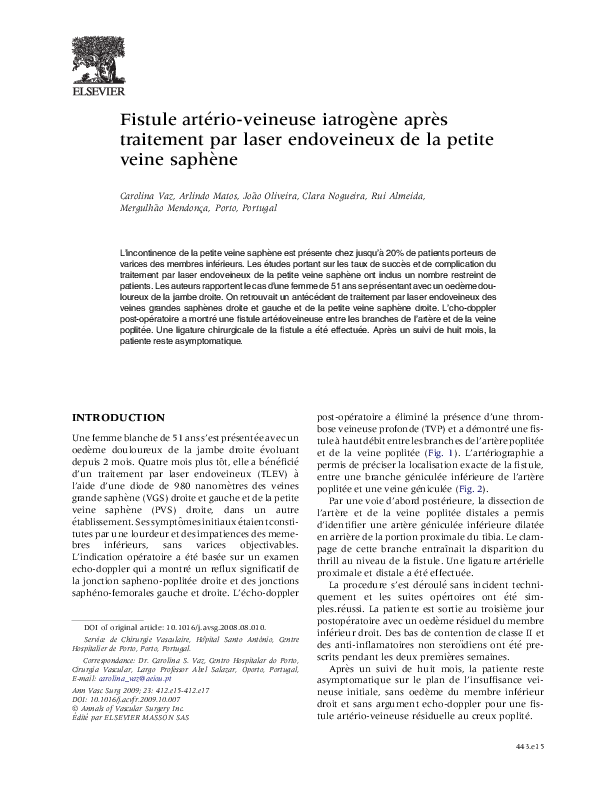 (PDF) Fistule artério-veineuse iatrogène après traitement par laser ...