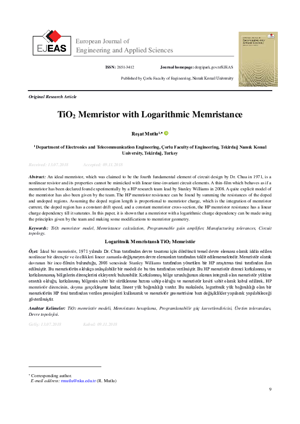 (PDF) Ti02 Memristor with Logarithmic Memristance