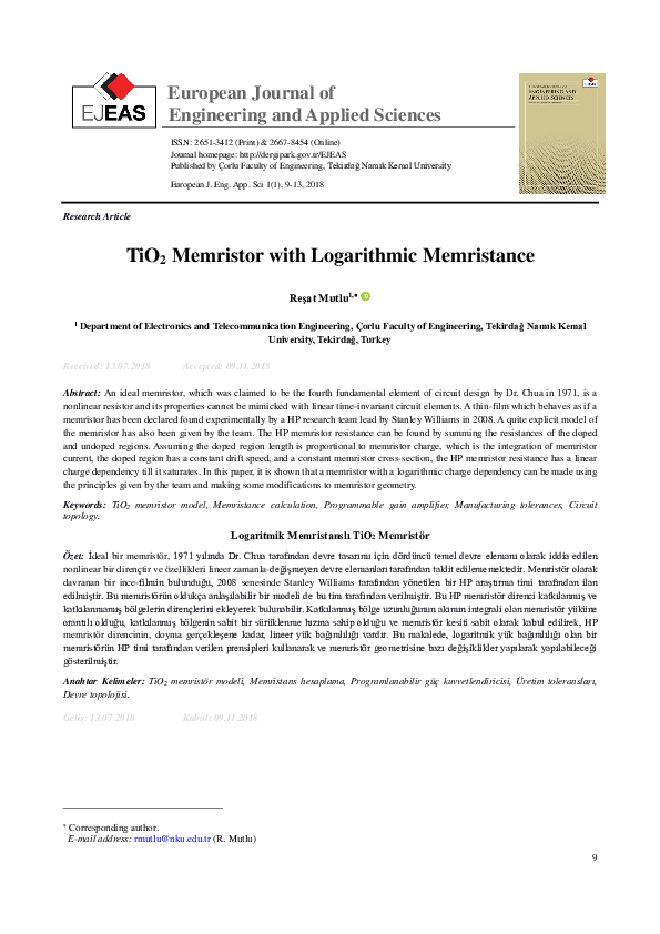 (PDF) Ti02 Memristor with Logarithmic Memristance