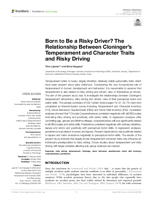 (PDF) Born to Be a Risky Driver? The Relationship Between Cloninger’s Temperament and Character ...