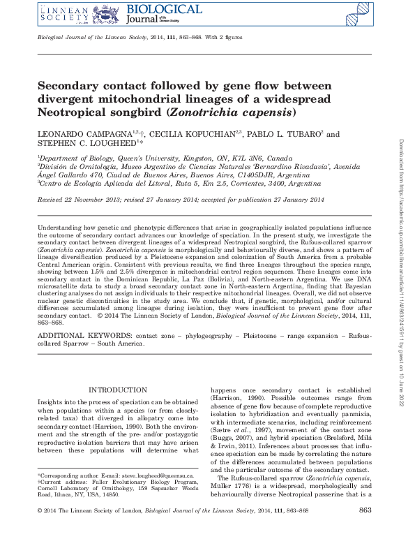 (PDF) Secondary contact followed by gene flow between divergent ...