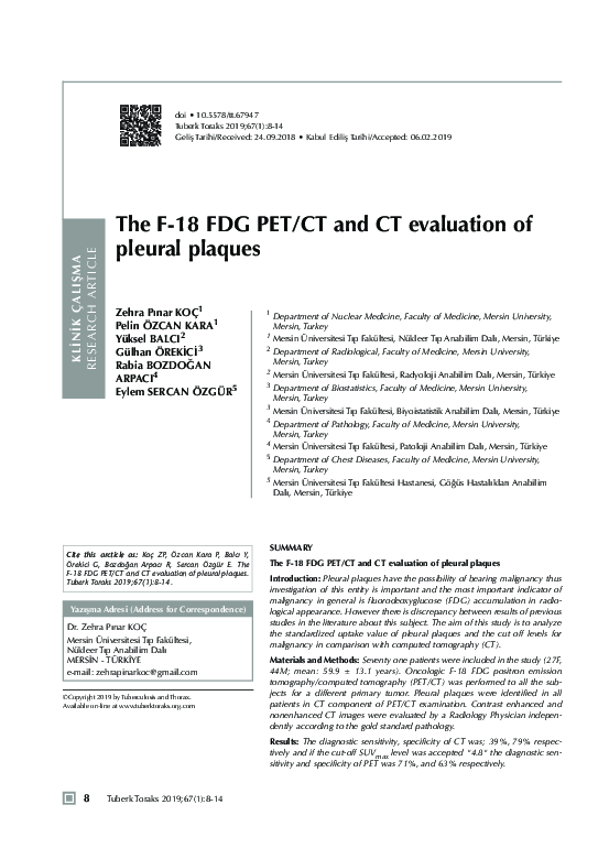 (PDF) The F-18 FDG PET/CT and CT evaluation of pleural plaques | Yüksel Balcı - Academia.edu