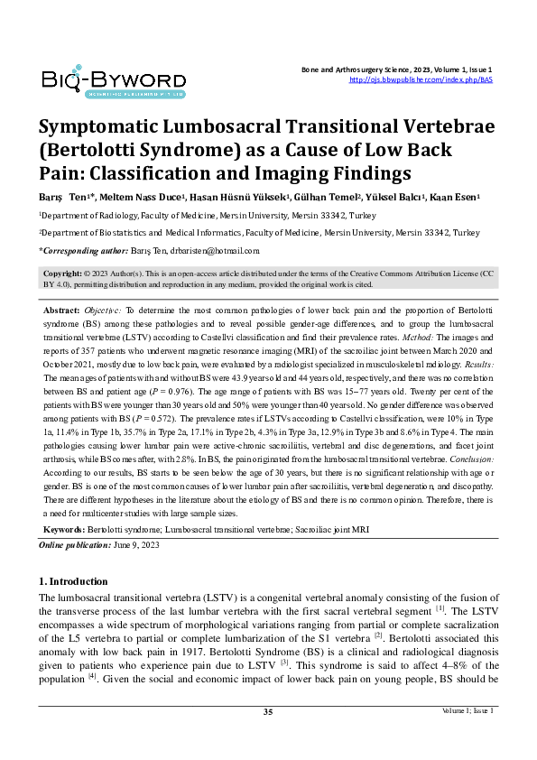 (PDF) Symptomatic Lumbosacral Transitional Vertebrae (Bertolotti Syndrome) as a Cause of Low ...