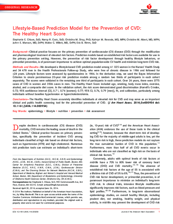 (PDF) Lifestyle-based prediction model for the prevention of CVD: the ...