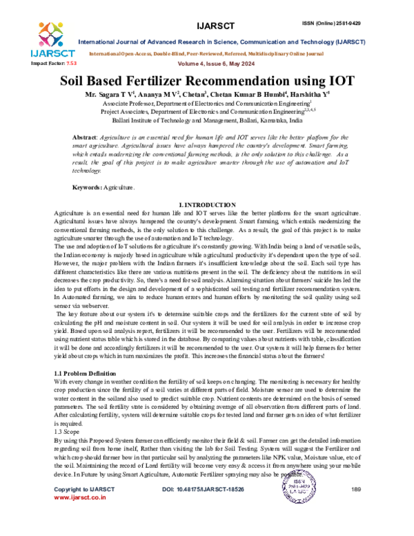(PDF) Soil Based Fertilizer Recommendation using IOT