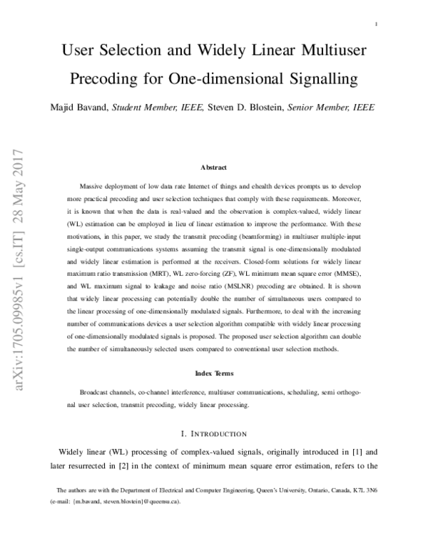 (PDF) Widely Linear Multiuser Precoding for One-dimensional Signalling