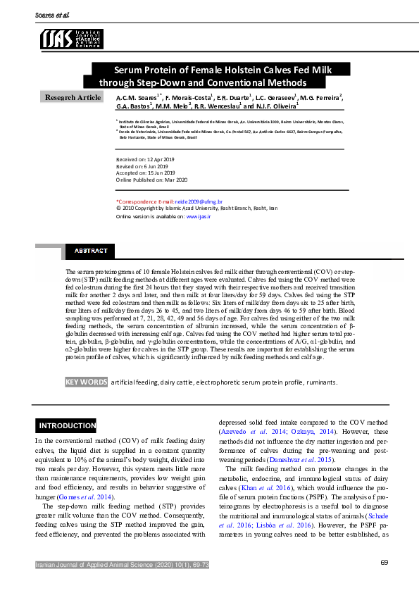 (PDF) Serum Protein of Female Holstein Calves Fed Milk through Step-Down and Conventional ...