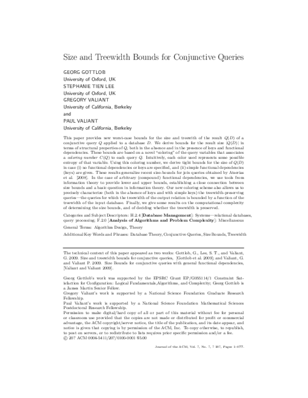 (PDF) Size and Treewidth Bounds for Conjunctive Queries | Georg Gottlob - Academia.edu