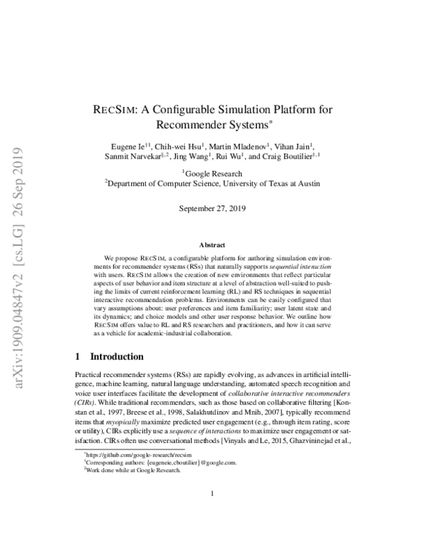 (PDF) RecSim: A Configurable Simulation Platform for Recommender Systems