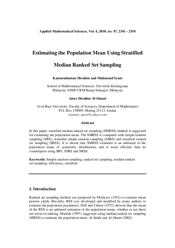 (PDF) Estimating the Population Mean Using Stratified Median Ranked Set ...