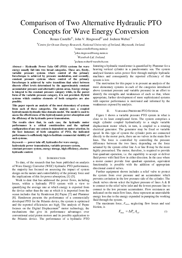 (PDF) Comparison of Two Alternative Hydraulic PTO Concepts for Wave ...