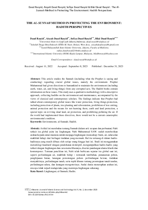 (PDF) The Al-Sunnah Method in Protecting The Environment: Hadith ...
