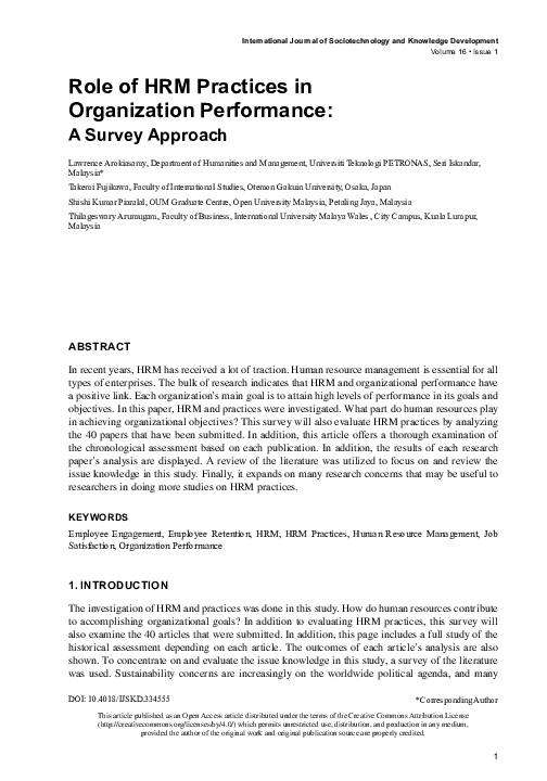 (PDF) Role of HRM Practices in Organization Performance