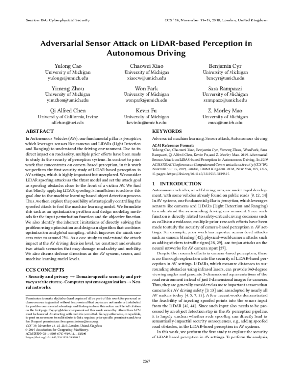 (PDF) Adversarial Sensor Attack on LiDAR-based Perception in Autonomous Driving