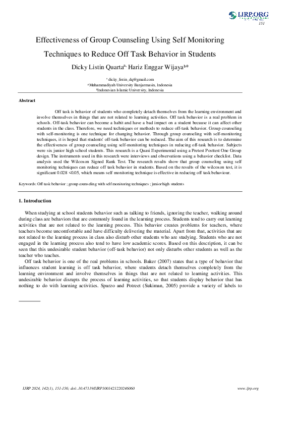 (PDF) The Effectiveness of Group Counseling Using Self Monitoring Techniques to Reduce Off Task ...