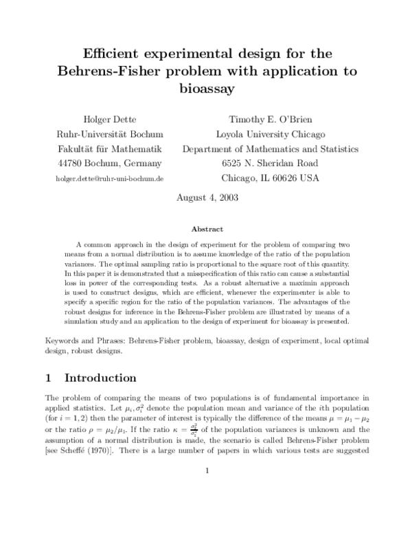 (PDF) Efficient Experimental Design for the Behrens-Fisher Problem With ...