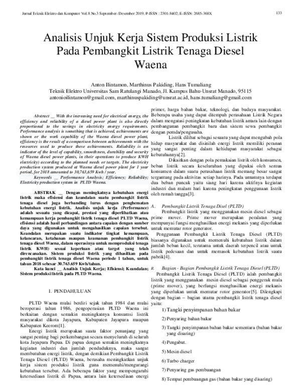 (PDF) Analisis Unjuk Kerja Sistem Produksi Listrik Pada Pembangkit Listrik Tenaga Diesel Waena