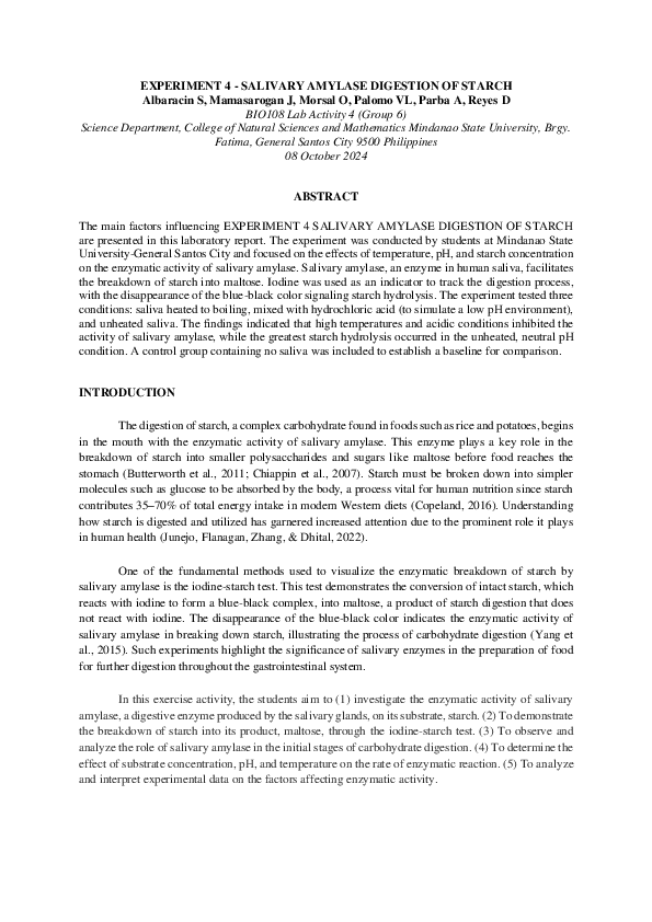 (PDF) EXPERIMENT 4 -SALIVARY AMYLASE DIGESTION OF STARCH
