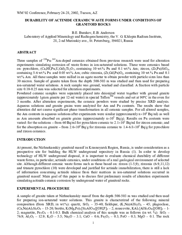 (PDF) Durability of Actinide Ceramic Waste Forms Under Conditions of ...