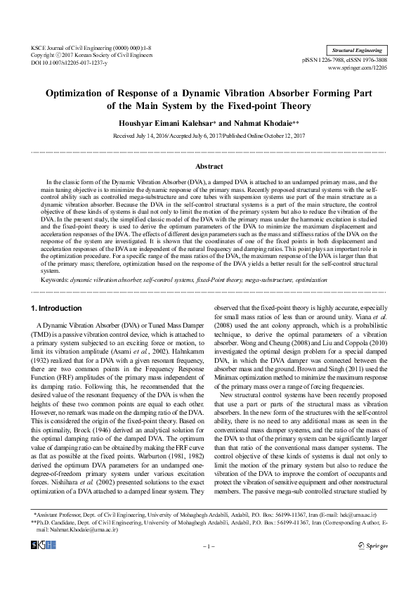 Pdf Optimization Of Response Of A Dynamic Vibration Absorber Forming Part Of The Main System