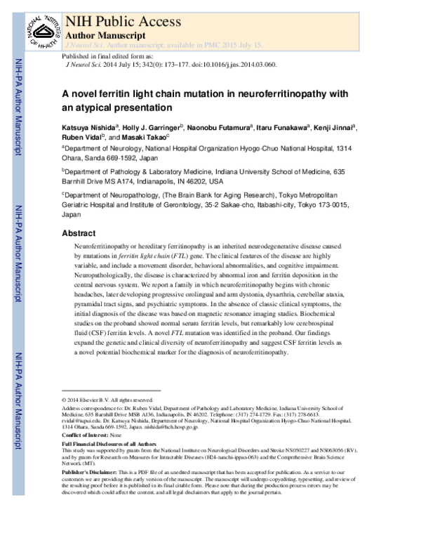 (PDF) A novel ferritin light chain mutation in neuroferritinopathy with ...