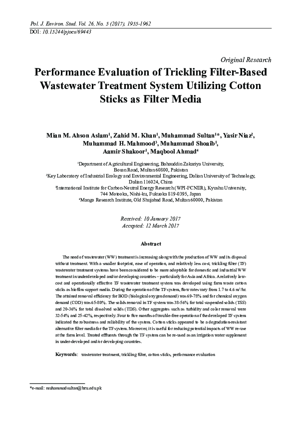 (PDF) Performance Evaluation of Trickling Filter-Based Wastewater ...