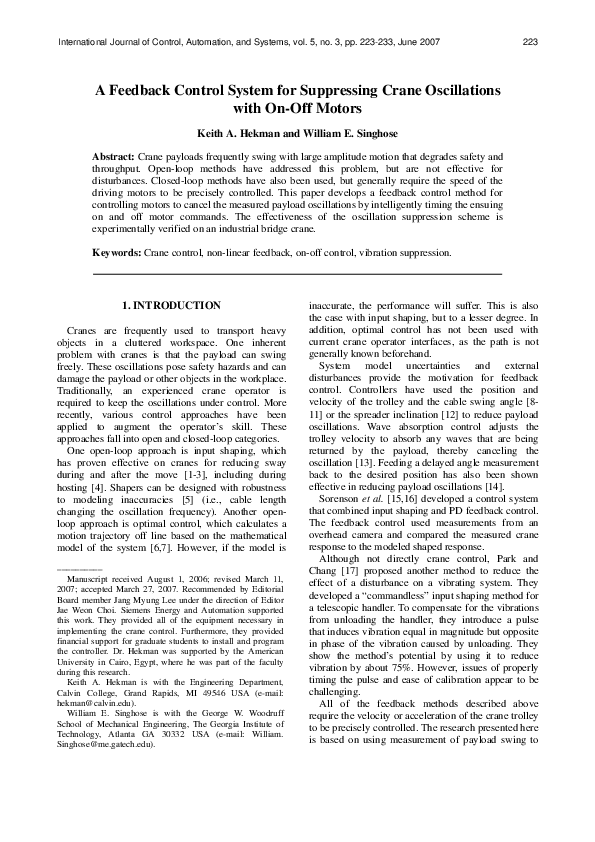 (PDF) A feedback control system for suppressing crane oscillations with ...