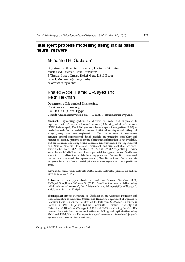 (PDF) Intelligent process modelling using radial basis neural network