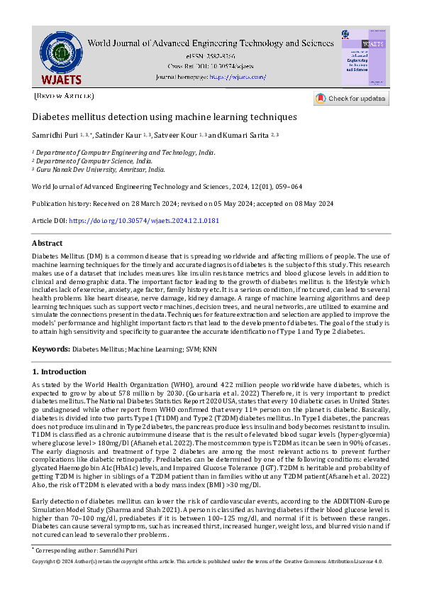(PDF) Diabetes mellitus detection using machine learning techniques