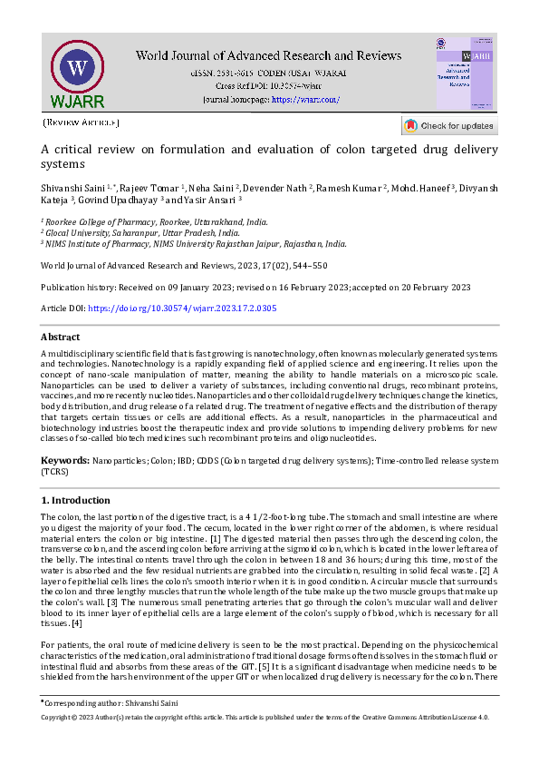 Pdf A Critical Review On Formulation And Evaluation Of Colon Targeted Drug Delivery Systems