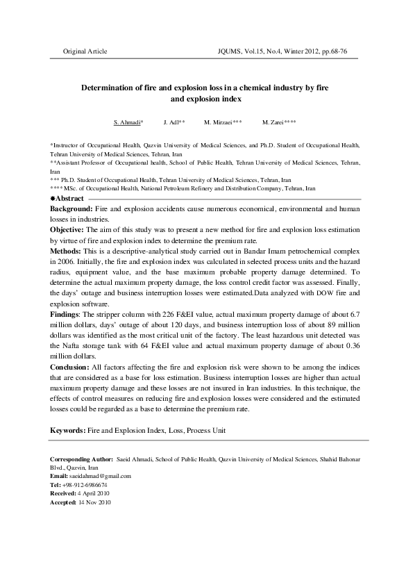 (PDF) Determination of Fire and Explosion Loss in a Chemical Industry ...