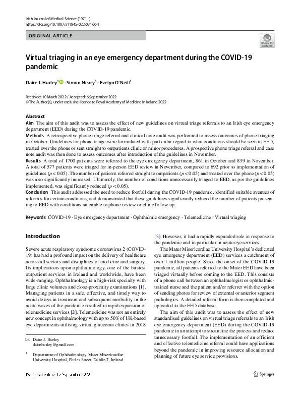 (PDF) Virtual triaging in an eye emergency department during the COVID ...