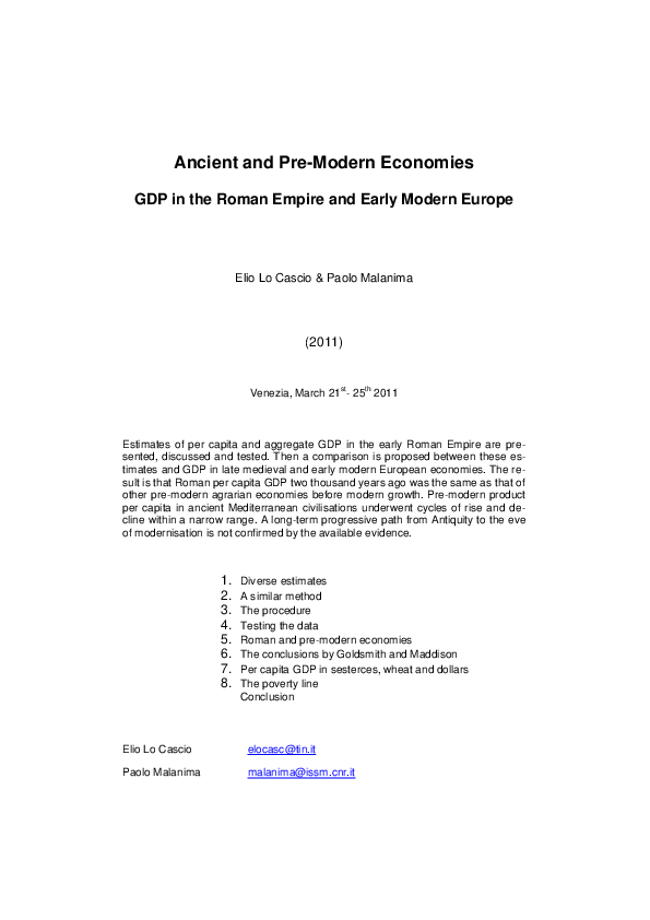 (PDF) Ancient and Pre-Modern Economies GDP in the Roman Empire and ...
