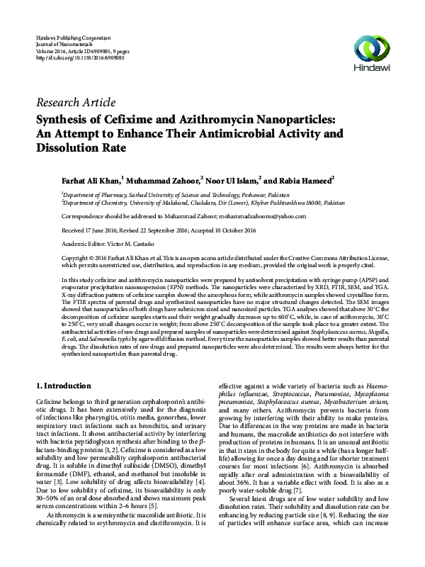 (PDF) Synthesis of Cefixime and Azithromycin Nanoparticles: An Attempt ...