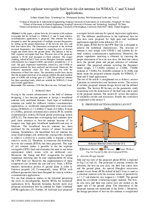(PDF) A compact coplanar waveguide feed bow-tie slot antenna for WIMAX, C and X band applications