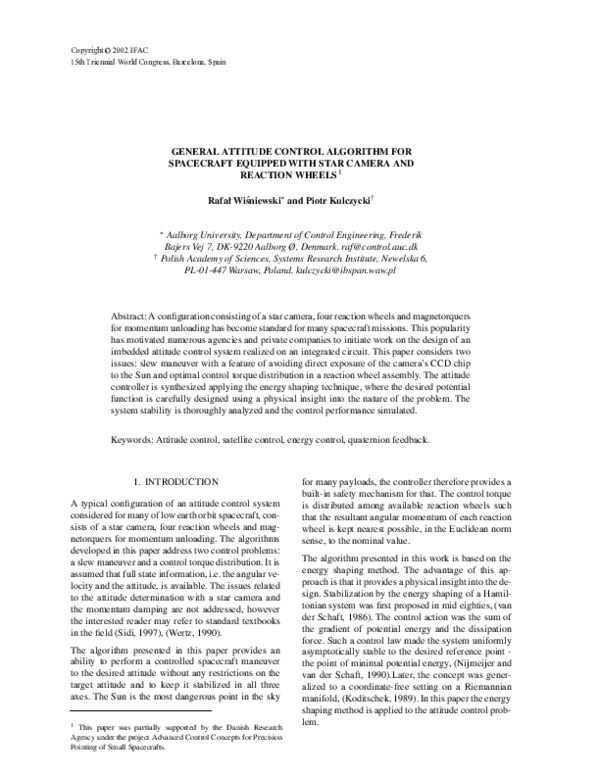 (PDF) General Attitude Control Algorithm for Spacecraft Equipped with Star Camera and Reaction ...
