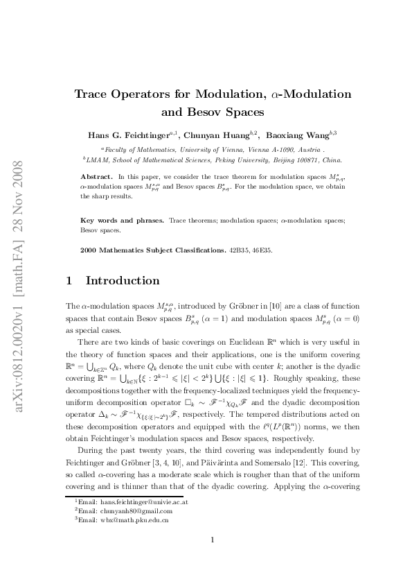 (PDF) Trace operators of modulation, alpha modulation and Besov spaces