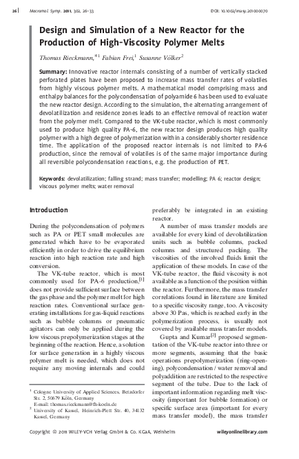 (PDF) Design and Simulation of a New Reactor for the Production of High-Viscosity Polymer Melts