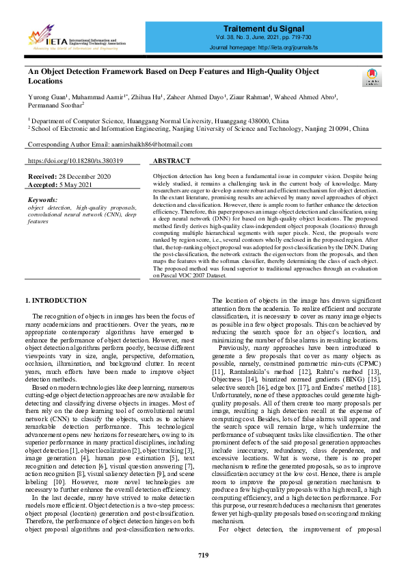 (PDF) An Object Detection Framework Based on Deep Features and High-Quality Object Locations
