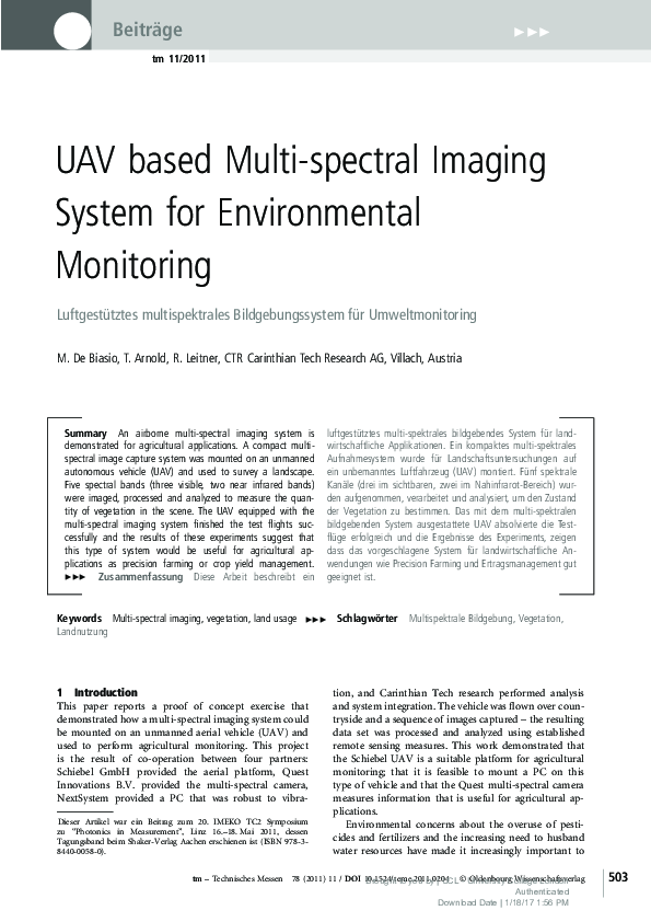 (PDF) UAV based Multi-spectral Imaging System for Environmental Monitoring