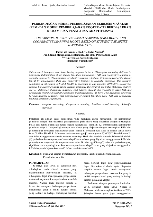 (PDF) Perbandingan Model Pembelajaran Berbasis Masalah (PBM) dan Model Pembelajaran Kooperatif ...