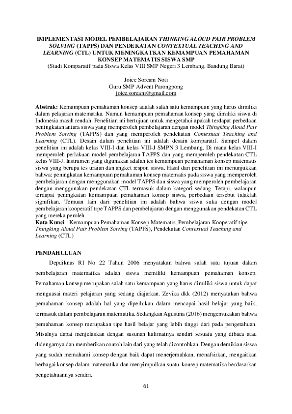 (PDF) IMPLEMENTASI MODEL PEMBELAJARAN THINKING ALOUD PAIR PROBLEM SOLVING (TAPPS) DAN PENDEKATAN ...