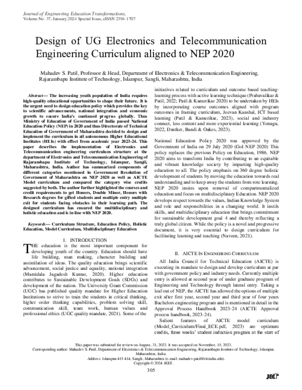 (PDF) Design of UG Electronics and Telecommunication Engineering Curriculum aligned to NEP 2020